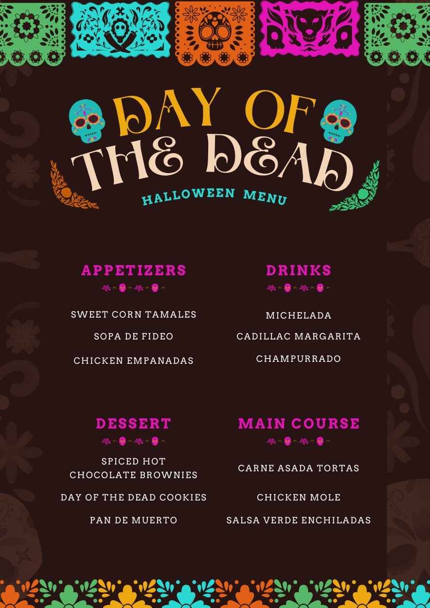 Folleto del menú de Halloween del Día de Muertos mexicano - Slides gratis